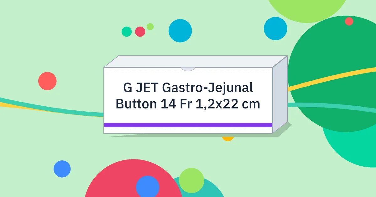 Symbolbild: Packung mit der Aufschrift G JET Gastro-Jejunal Button 14 Fr 1,2x22 cm (PZN 14346386) – Verfügbarkeit und Bezug in Apotheken in Frankfurt am Main