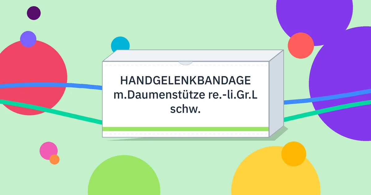 Symbolbild: Packung mit der Aufschrift HANDGELENKBANDAGE m.Daumenstütze re.-li.Gr.L schw. (PZN 13827238) – Verfügbarkeit und Bezug in Apotheken in Frankfurt am Main