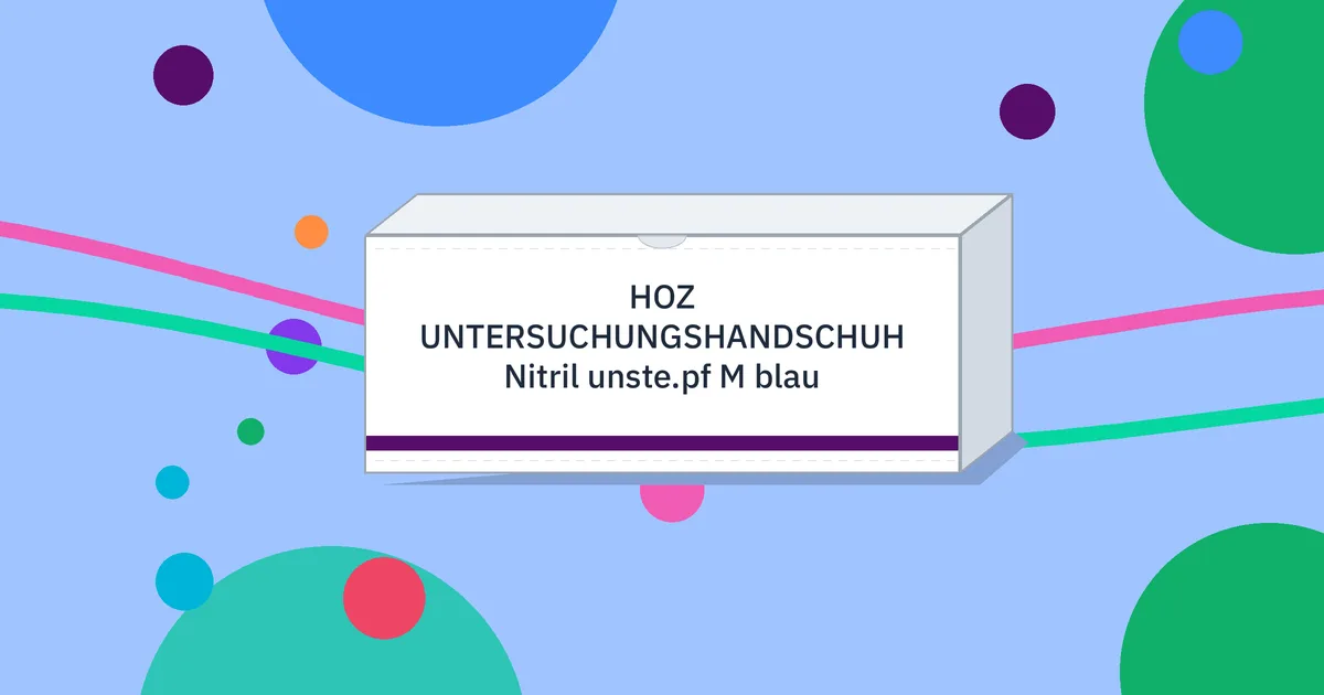 Symbolbild: Packung mit der Aufschrift HOZ UNTERSUCHUNGSHANDSCHUH Nitril unste.pf M blau (PZN 16678282) – Verfügbarkeit und Bezug in Apotheken in Frankfurt am Main