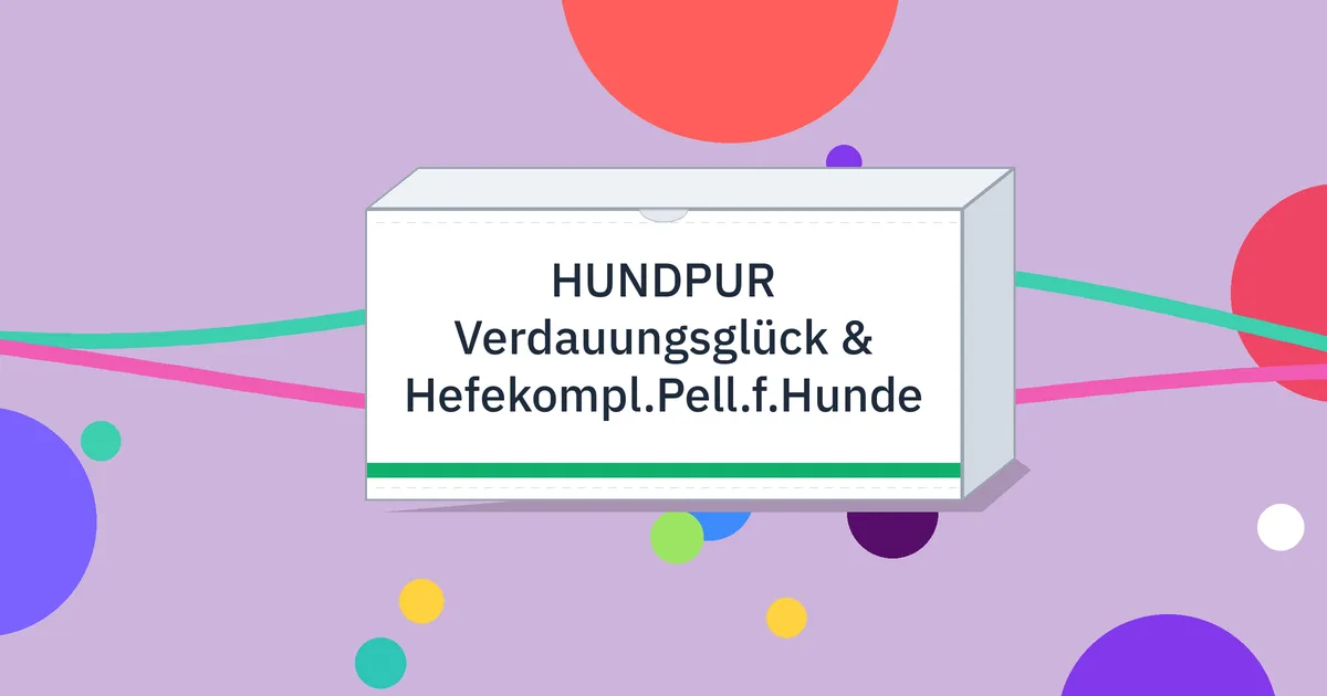 Symbolbild: Packung mit der Aufschrift HUNDPUR Verdauungsglück & Hefekompl.Pell.f.Hunde (PZN 18195547) – Verfügbarkeit und Bezug in Apotheken in Frankfurt am Main