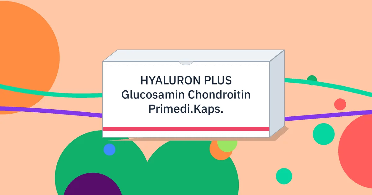 Symbolbild: Packung mit der Aufschrift HYALURON PLUS Glucosamin Chondroitin Primedi.Kaps. (PZN 18812649) – Verfügbarkeit und Bezug in Apotheken in Frankfurt am Main