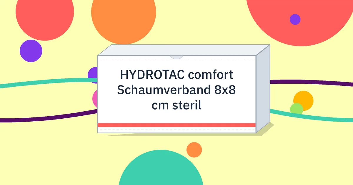Symbolbild: Packung mit der Aufschrift HYDROTAC comfort Schaumverband 8x8 cm steril (PZN 03452636) – Verfügbarkeit und Bezug in Apotheken in Frankfurt am Main