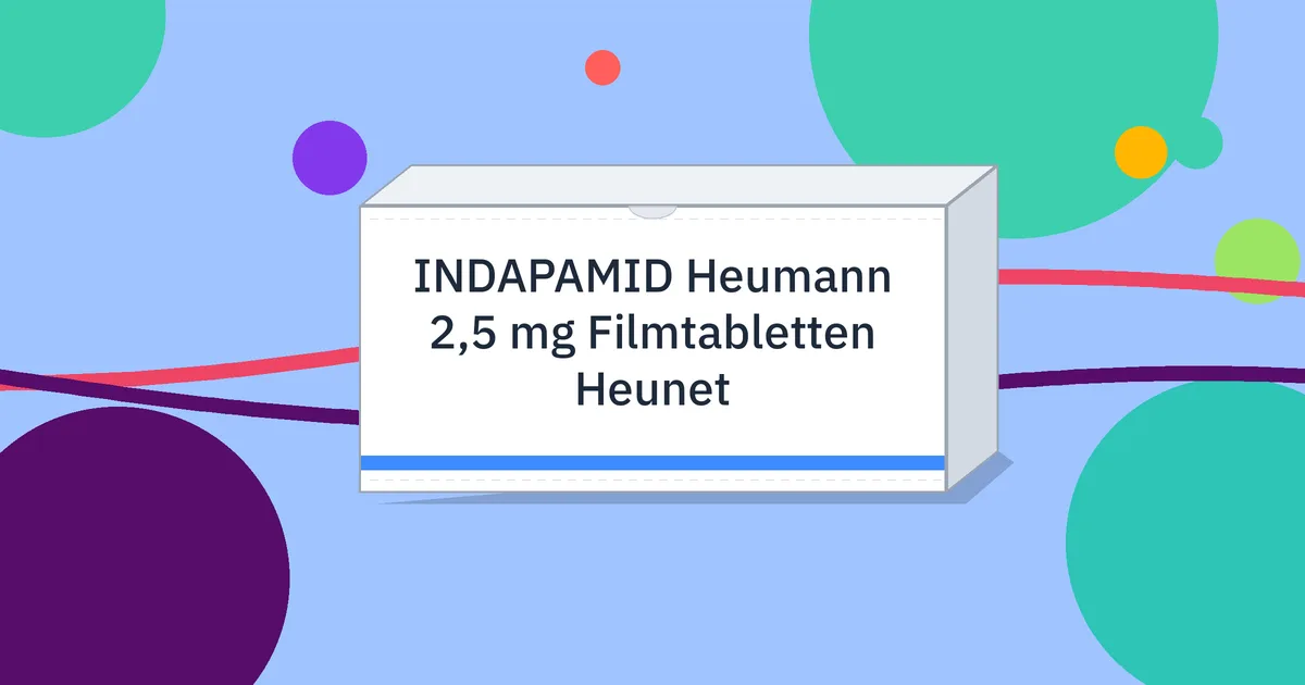 Symbolbild: Packung mit der Aufschrift INDAPAMID Heumann 2,5 mg Filmtabletten Heunet (PZN 17147894) – Verfügbarkeit und Bezug in Apotheken in Frankfurt am Main