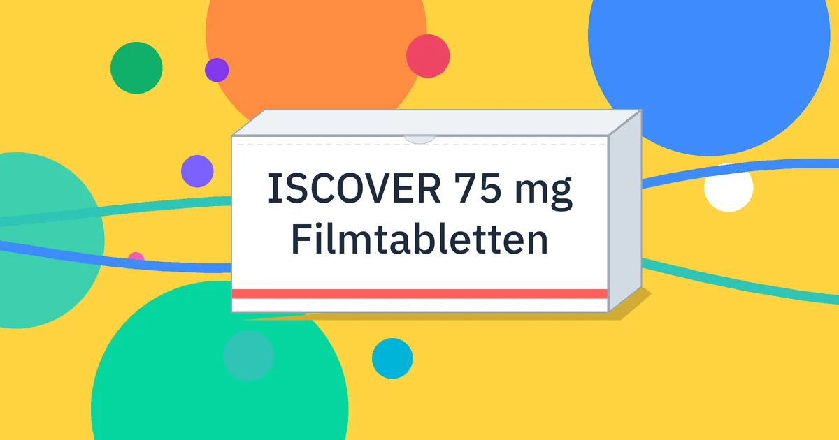 Symbolbild: Packung mit der Aufschrift ISCOVER 75 mg Filmtabletten (PZN 08855770) – Verfügbarkeit und Bezug in Apotheken in Frankfurt am Main