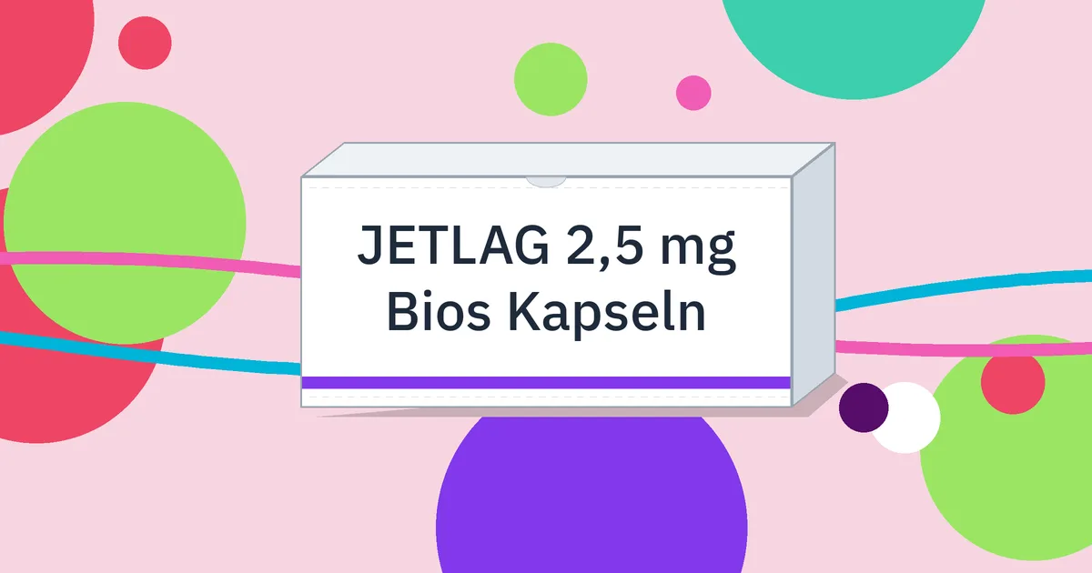 Symbolbild: Packung mit der Aufschrift JETLAG 2,5 mg Bios Kapseln (PZN 10523147) – Verfügbarkeit und Bezug in Apotheken in Frankfurt am Main
