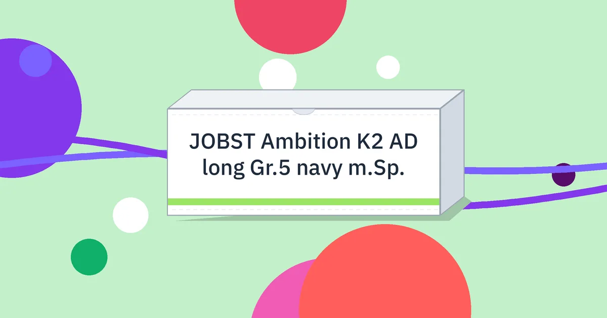 Symbolbild: Packung mit der Aufschrift JOBST Ambition K2 AD long Gr.5 navy m.Sp. (PZN 11020715) – Verfügbarkeit und Bezug in Apotheken in Frankfurt am Main