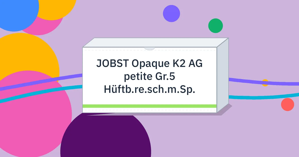 Symbolbild: Packung mit der Aufschrift JOBST Opaque K2 AG petite Gr.5 Hüftb.re.sch.m.Sp. (PZN 13115213) – Verfügbarkeit und Bezug in Apotheken in Frankfurt am Main