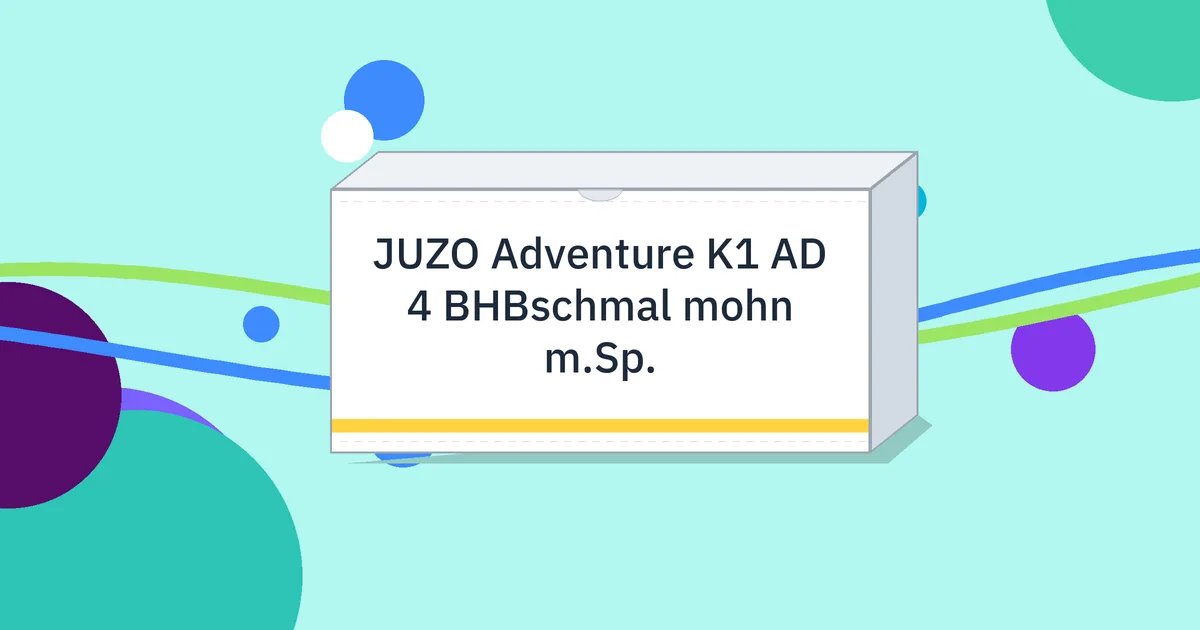Symbolbild: Packung mit der Aufschrift JUZO Adventure K1 AD 4 BHBschmal mohn m.Sp. (PZN 15495898) – Verfügbarkeit und Bezug in Apotheken in Frankfurt am Main