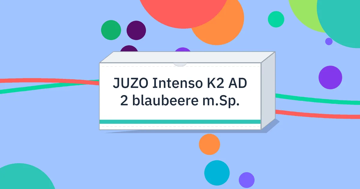 Symbolbild: Packung mit der Aufschrift JUZO Intenso K2 AD 2 blaubeere m.Sp. (PZN 18606298) – Verfügbarkeit und Bezug in Apotheken in Frankfurt am Main
