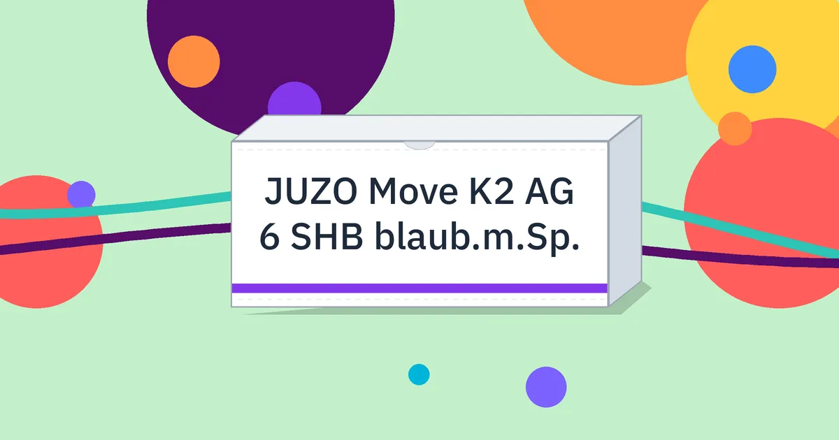 Symbolbild: Packung mit der Aufschrift JUZO Move K2 AG 6 SHB blaub.m.Sp. (PZN 18555589) – Verfügbarkeit und Bezug in Apotheken in Frankfurt am Main