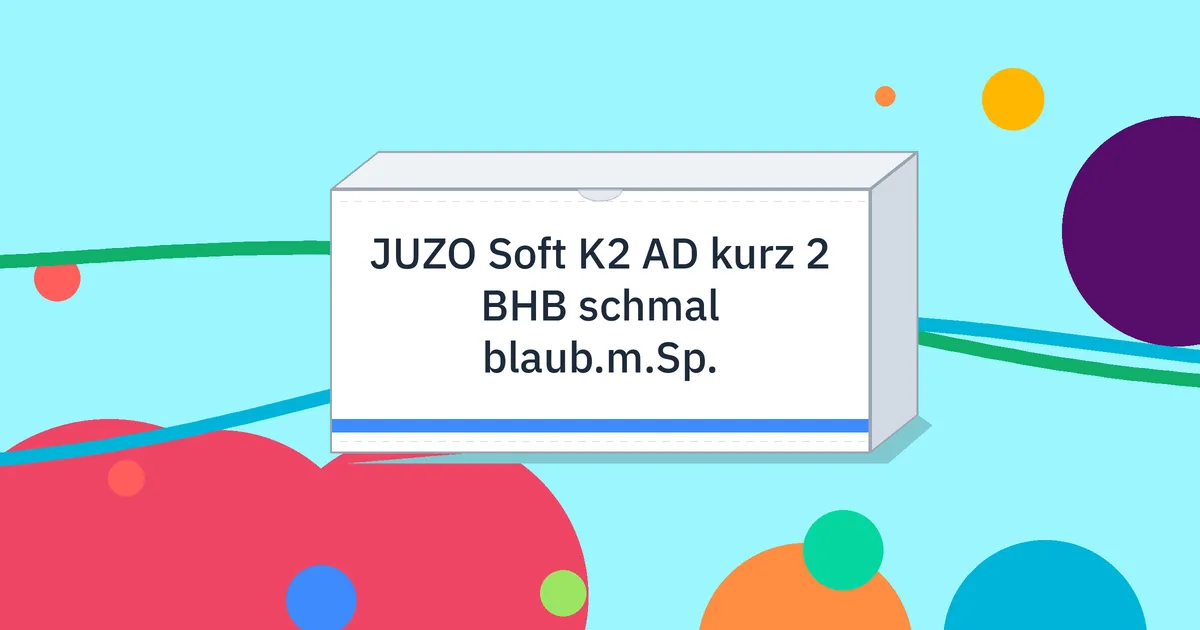 Symbolbild: Packung mit der Aufschrift JUZO Soft K2 AD kurz 2 BHB schmal blaub.m.Sp. (PZN 15465839) – Verfügbarkeit und Bezug in Apotheken in Frankfurt am Main