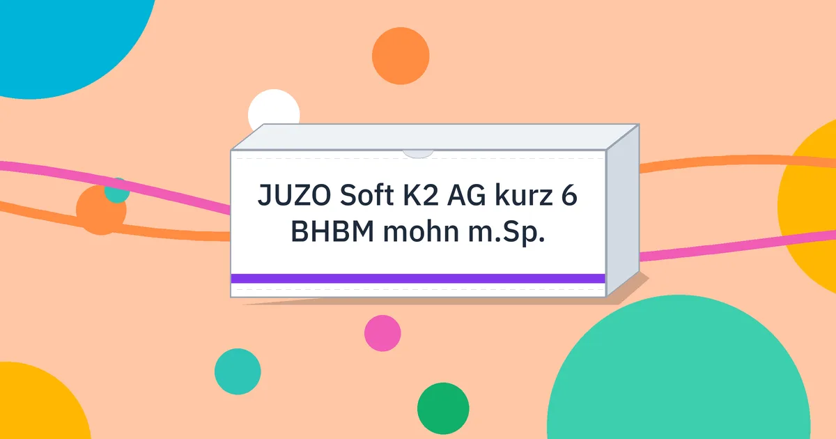 Symbolbild: Packung mit der Aufschrift JUZO Soft K2 AG kurz 6 BHBM mohn m.Sp. (PZN 14859890) – Verfügbarkeit und Bezug in Apotheken in Frankfurt am Main