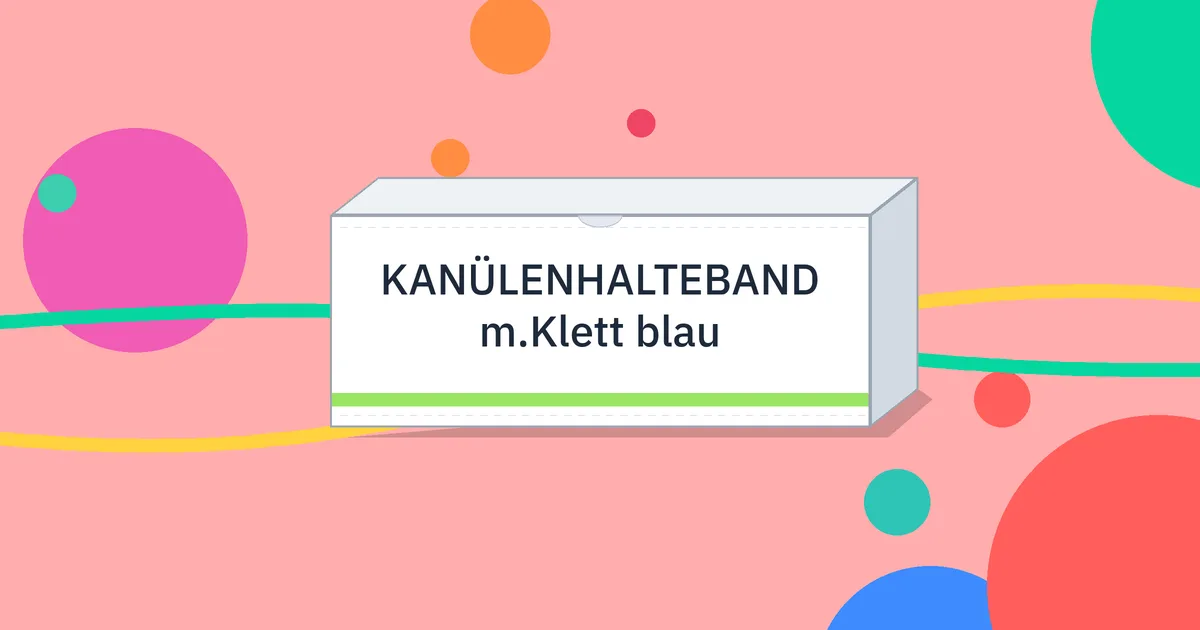 Symbolbild: Packung mit der Aufschrift KANÜLENHALTEBAND m.Klett blau (PZN 07483585) – Verfügbarkeit und Bezug in Apotheken in Frankfurt am Main