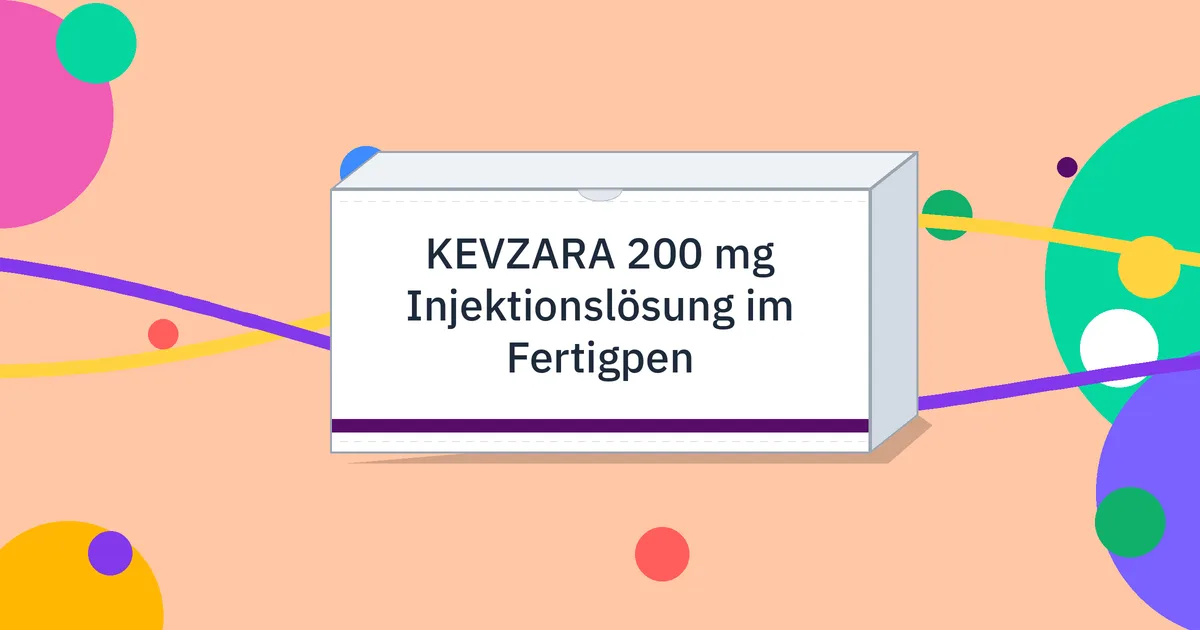 Symbolbild: Packung mit der Aufschrift KEVZARA 200 mg Injektionslösung im Fertigpen (PZN 13875929) – Verfügbarkeit und Bezug in Apotheken in Frankfurt am Main