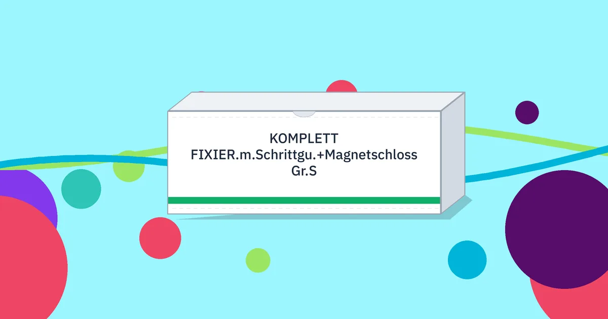 Symbolbild: Packung mit der Aufschrift KOMPLETT FIXIER.m.Schrittgu.+Magnetschloss Gr.S (PZN 11572946) – Verfügbarkeit und Bezug in Apotheken in Frankfurt am Main