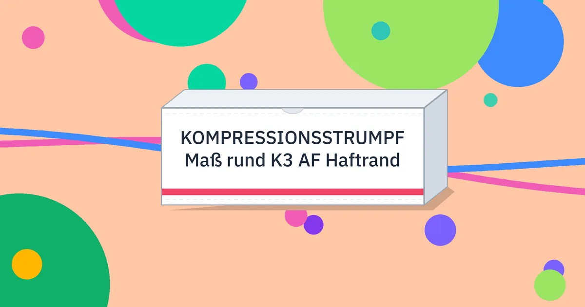 Symbolbild: Packung mit der Aufschrift KOMPRESSIONSSTRUMPF Maß rund K3 AF Haftrand (PZN 04774939) – Verfügbarkeit und Bezug in Apotheken in Frankfurt am Main