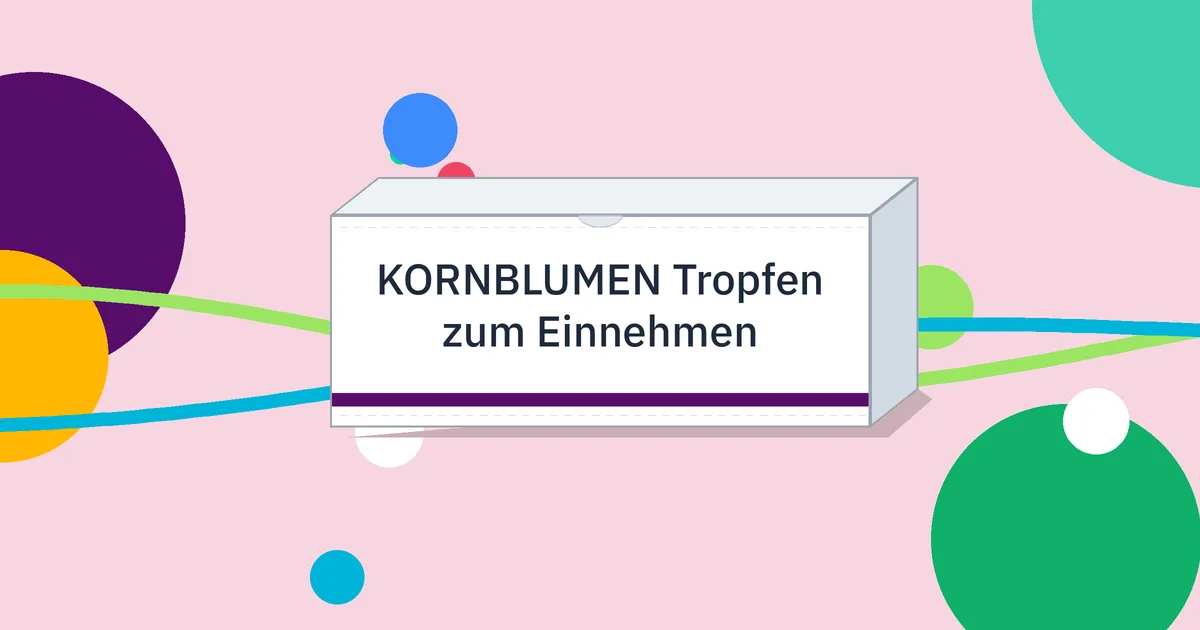 Symbolbild: Packung mit der Aufschrift KORNBLUMEN Tropfen zum Einnehmen (PZN 11365727) – Verfügbarkeit und Bezug in Apotheken in Frankfurt am Main