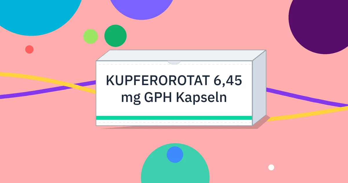 Symbolbild: Packung mit der Aufschrift KUPFEROROTAT 6,45 mg GPH Kapseln (PZN 11658004) – Verfügbarkeit und Bezug in Apotheken in Frankfurt am Main