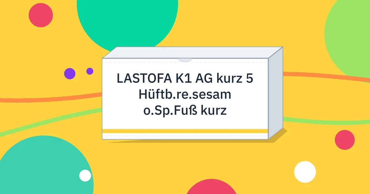 Symbolbild: Packung mit der Aufschrift LASTOFA K1 AG kurz 5 Hüftb.re.sesam o.Sp.Fuß kurz (PZN 13798904) – Verfügbarkeit und Bezug in Apotheken in Frankfurt am Main