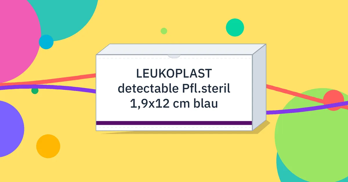 Symbolbild: Packung mit der Aufschrift LEUKOPLAST detectable Pfl.steril 1,9x12 cm blau (PZN 19882907) – Verfügbarkeit und Bezug in Apotheken in Frankfurt am Main