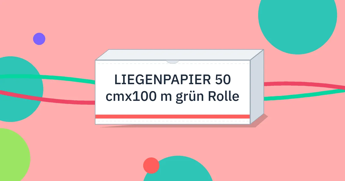 Symbolbild: Packung mit der Aufschrift LIEGENPAPIER 50 cmx100 m grün Rolle (PZN 03719743) – Verfügbarkeit und Bezug in Apotheken in Frankfurt am Main