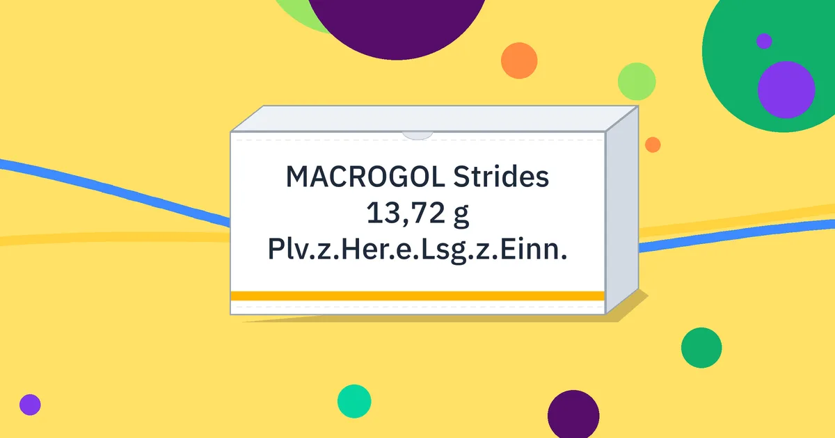 Symbolbild: Packung mit der Aufschrift MACROGOL Strides 13,72 g Plv.z.Her.e.Lsg.z.Einn. (PZN 15890577) – Verfügbarkeit und Bezug in Apotheken in Frankfurt am Main