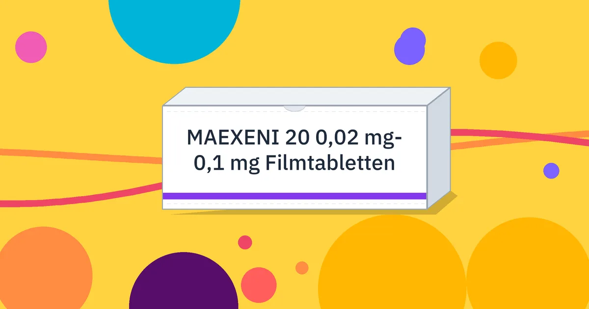 Symbolbild: Packung mit der Aufschrift MAEXENI 20 0,02 mg-0,1 mg Filmtabletten (PZN 10638123) – Verfügbarkeit und Bezug in Apotheken in Frankfurt am Main