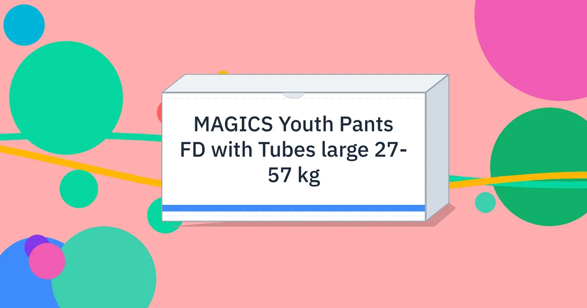 Symbolbild: Packung mit der Aufschrift MAGICS Youth Pants FD with Tubes large 27-57 kg (PZN 20169221) – Verfügbarkeit und Bezug in Apotheken in Frankfurt am Main