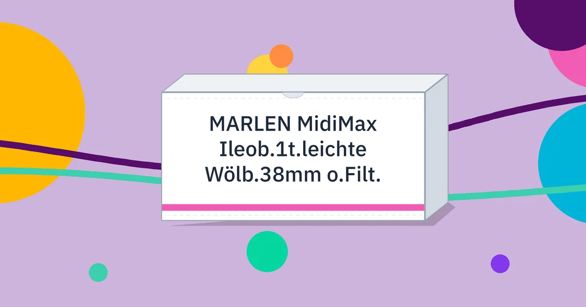 Symbolbild: Packung mit der Aufschrift MARLEN MidiMax Ileob.1t.leichte Wölb.38mm o.Filt. (PZN 16658569) – Verfügbarkeit und Bezug in Apotheken in Frankfurt am Main
