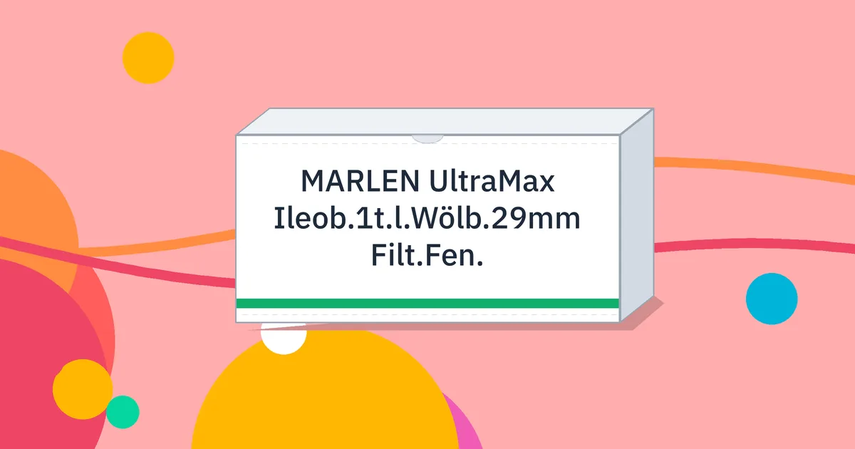 Symbolbild: Packung mit der Aufschrift MARLEN UltraMax Ileob.1t.l.Wölb.29mm Filt.Fen. (PZN 05354487) – Verfügbarkeit und Bezug in Apotheken in Frankfurt am Main