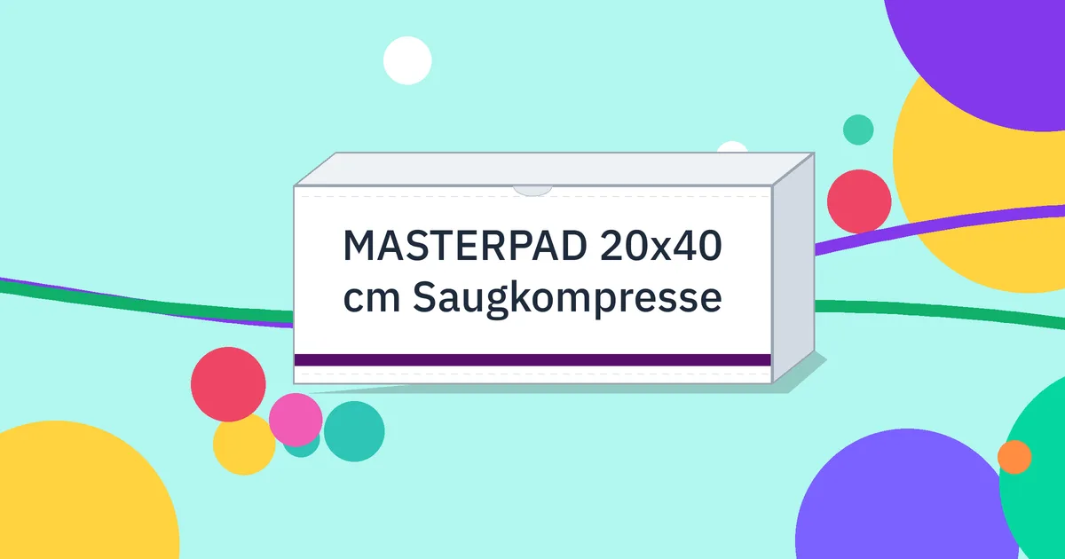 Symbolbild: Packung mit der Aufschrift MASTERPAD 20x40 cm Saugkompresse (PZN 18794503) – Verfügbarkeit und Bezug in Apotheken in Frankfurt am Main