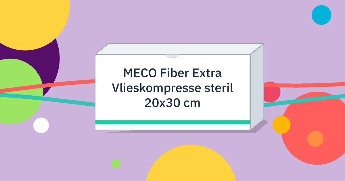 Symbolbild: Packung mit der Aufschrift MECO Fiber Extra Vlieskompresse steril 20x30 cm (PZN 19777352) – Verfügbarkeit und Bezug in Apotheken in Frankfurt am Main