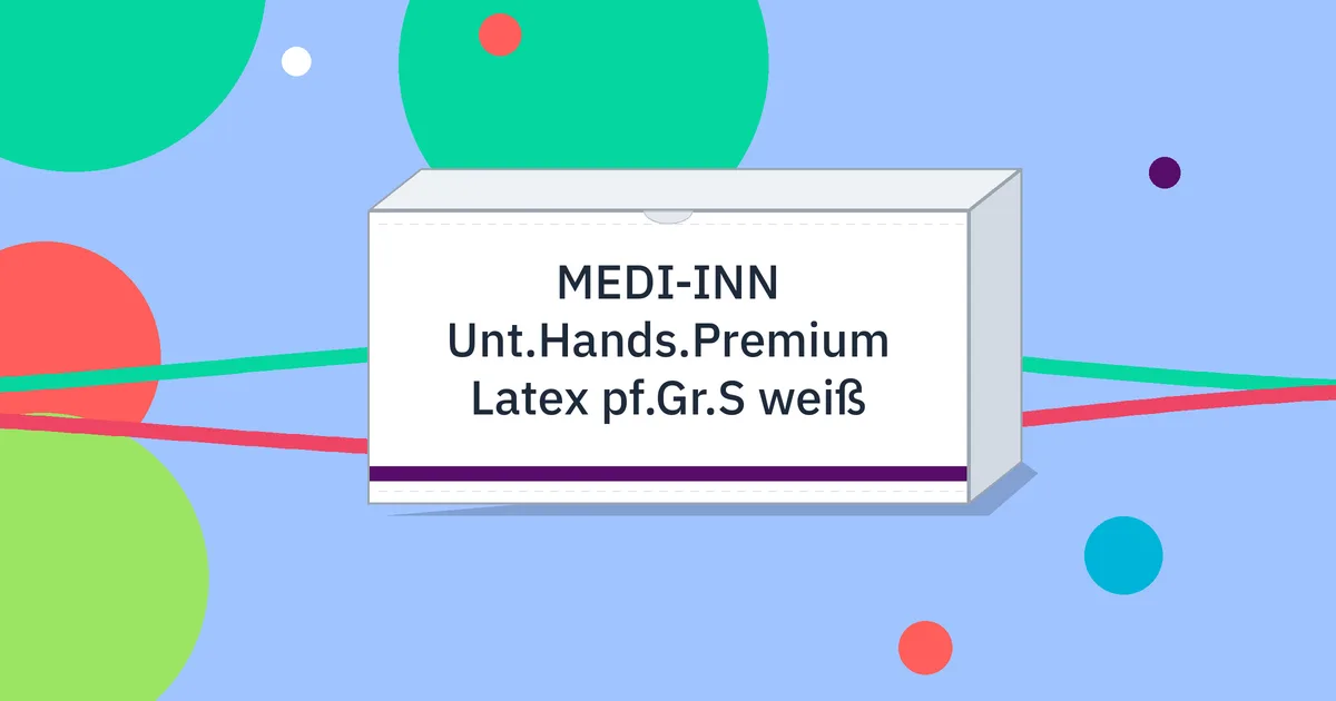 Symbolbild: Packung mit der Aufschrift MEDI-INN Unt.Hands.Premium Latex pf.Gr.S weiß (PZN 04600814) – Verfügbarkeit und Bezug in Apotheken in Frankfurt am Main
