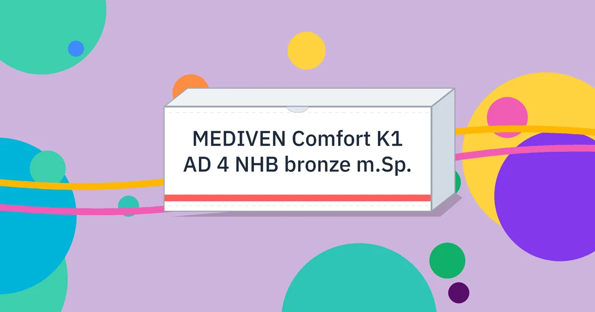 Symbolbild: Packung mit der Aufschrift MEDIVEN Comfort K1 AD 4 NHB bronze m.Sp. (PZN 14560470) – Verfügbarkeit und Bezug in Apotheken in Frankfurt am Main