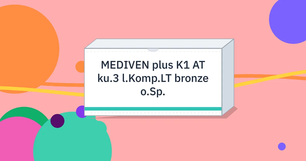 Symbolbild: Packung mit der Aufschrift MEDIVEN plus K1 AT ku.3 l.Komp.LT bronze o.Sp. (PZN 15029624) – Verfügbarkeit und Bezug in Apotheken in Frankfurt am Main