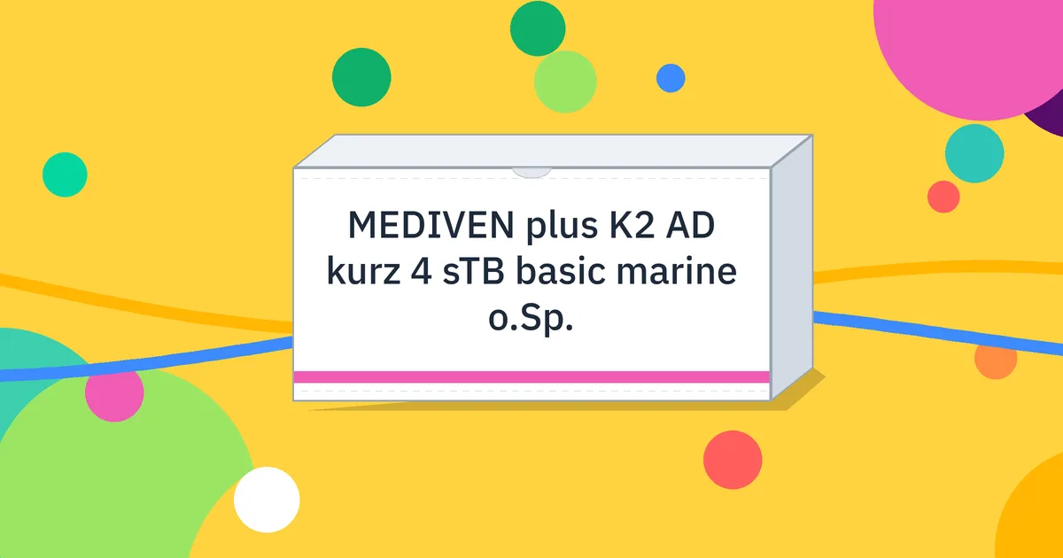 Symbolbild: Packung mit der Aufschrift MEDIVEN plus K2 AD kurz 4 sTB basic marine o.Sp. (PZN 15099004) – Verfügbarkeit und Bezug in Apotheken in Frankfurt am Main