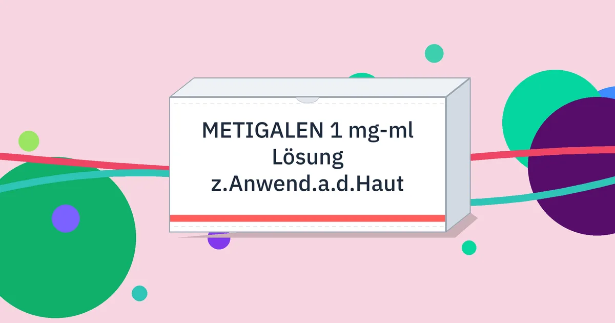 Symbolbild: Packung mit der Aufschrift METIGALEN 1 mg-ml Lösung z.Anwend.a.d.Haut (PZN 16389678) – Verfügbarkeit und Bezug in Apotheken in Frankfurt am Main