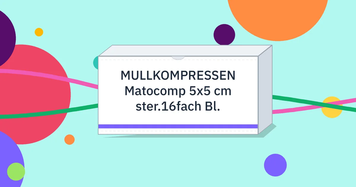 Symbolbild: Packung mit der Aufschrift MULLKOMPRESSEN Matocomp 5x5 cm ster.16fach Bl. (PZN 03377917) – Verfügbarkeit und Bezug in Apotheken in Frankfurt am Main