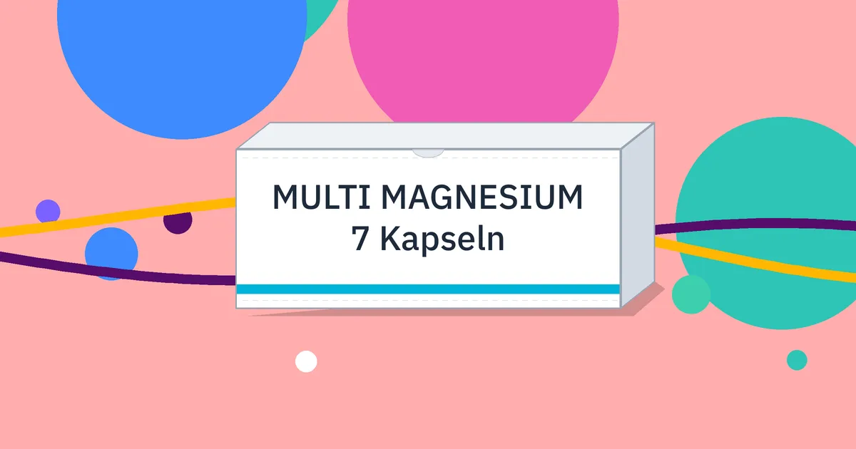 Symbolbild: Packung mit der Aufschrift MULTI MAGNESIUM 7 Kapseln (PZN 18428313) – Verfügbarkeit und Bezug in Apotheken in Frankfurt am Main