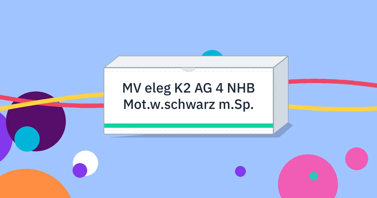 Symbolbild: Packung mit der Aufschrift MV eleg K2 AG 4 NHB Mot.w.schwarz m.Sp. (PZN 15727860) – Verfügbarkeit und Bezug in Apotheken in Frankfurt am Main