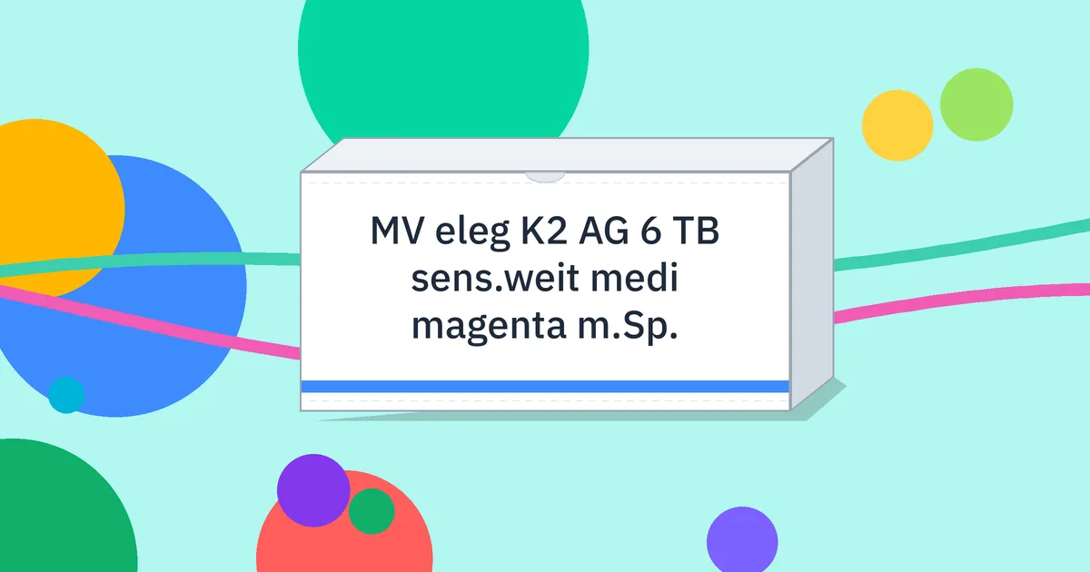 Symbolbild: Packung mit der Aufschrift MV eleg K2 AG 6 TB sens.weit medi magenta m.Sp. (PZN 14641429) – Verfügbarkeit und Bezug in Apotheken in Frankfurt am Main