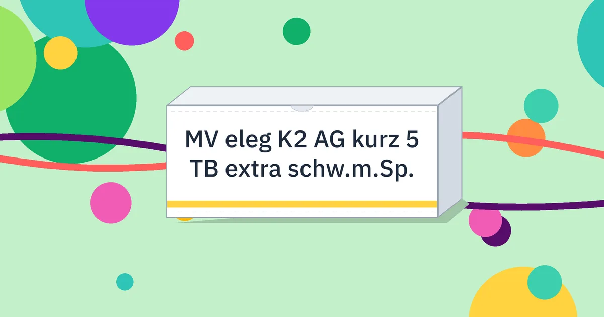 Symbolbild: Packung mit der Aufschrift MV eleg K2 AG kurz 5 TB extra schw.m.Sp. (PZN 09879471) – Verfügbarkeit und Bezug in Apotheken in Frankfurt am Main
