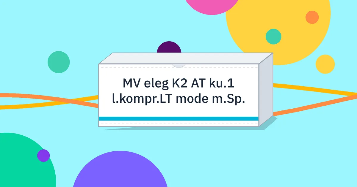 Symbolbild: Packung mit der Aufschrift MV eleg K2 AT ku.1 l.kompr.LT mode m.Sp. (PZN 06189926) – Verfügbarkeit und Bezug in Apotheken in Frankfurt am Main