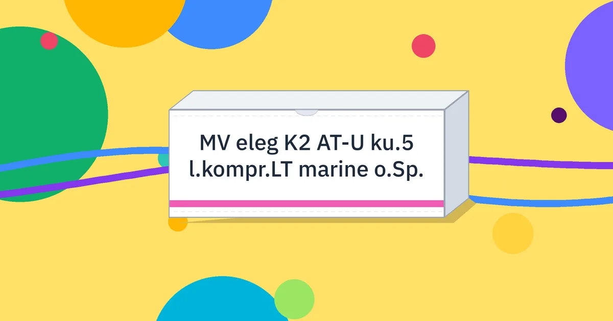 Symbolbild: Packung mit der Aufschrift MV eleg K2 AT-U ku.5 l.kompr.LT marine o.Sp. (PZN 14597102) – Verfügbarkeit und Bezug in Apotheken in Frankfurt am Main