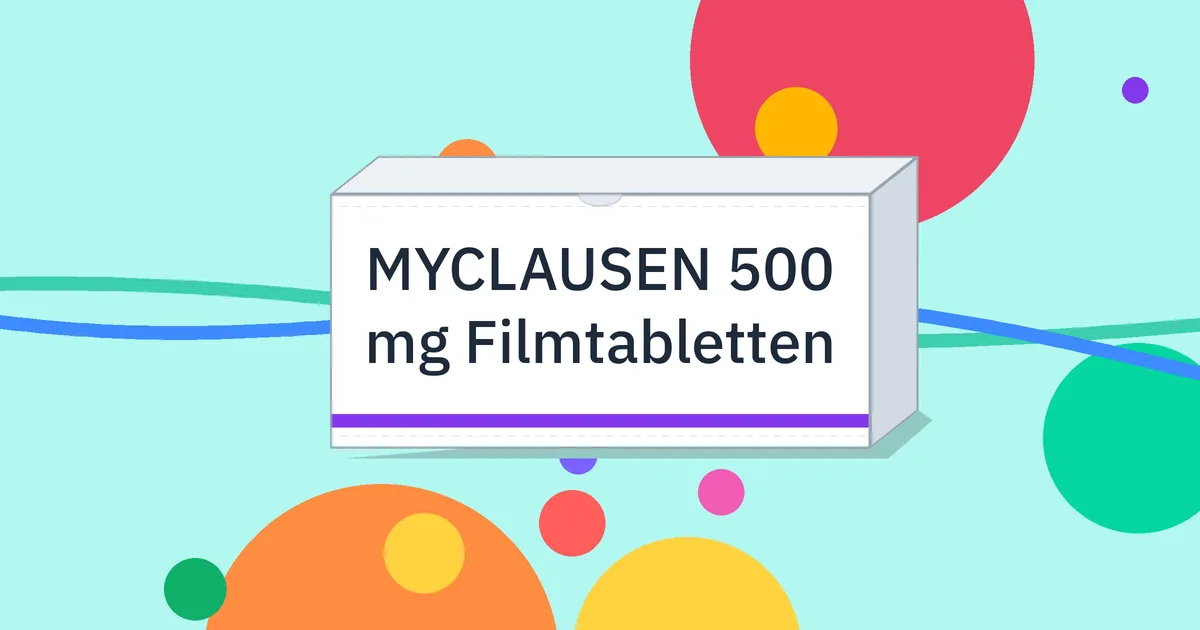 Symbolbild: Packung mit der Aufschrift MYCLAUSEN 500 mg Filmtabletten (PZN 08928204) – Verfügbarkeit und Bezug in Apotheken in Frankfurt am Main