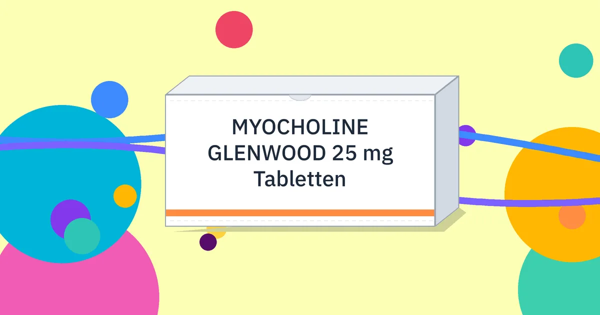 Symbolbild: Packung mit der Aufschrift MYOCHOLINE GLENWOOD 25 mg Tabletten (PZN 00051090) – Verfügbarkeit und Bezug in Apotheken in Frankfurt am Main