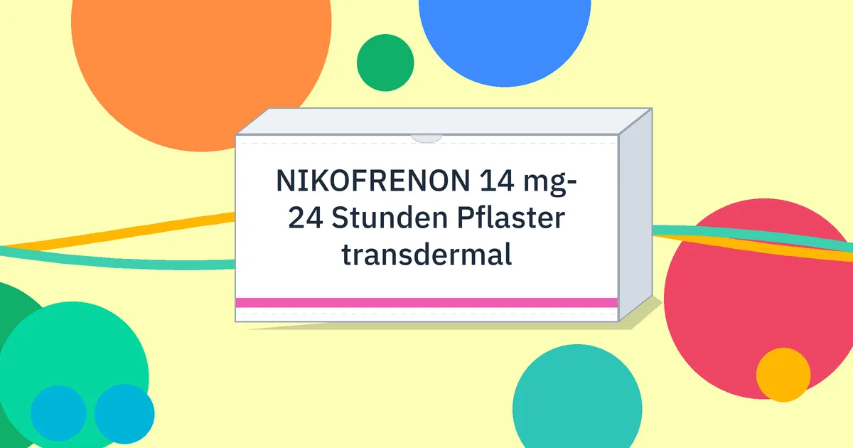Symbolbild: Packung mit der Aufschrift NIKOFRENON 14 mg-24 Stunden Pflaster transdermal (PZN 15993231) – Verfügbarkeit und Bezug in Apotheken in Frankfurt am Main