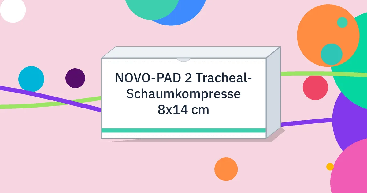 Symbolbild: Packung mit der Aufschrift NOVO-PAD 2 Tracheal-Schaumkompresse 8x14 cm (PZN 16874103) – Verfügbarkeit und Bezug in Apotheken in Frankfurt am Main