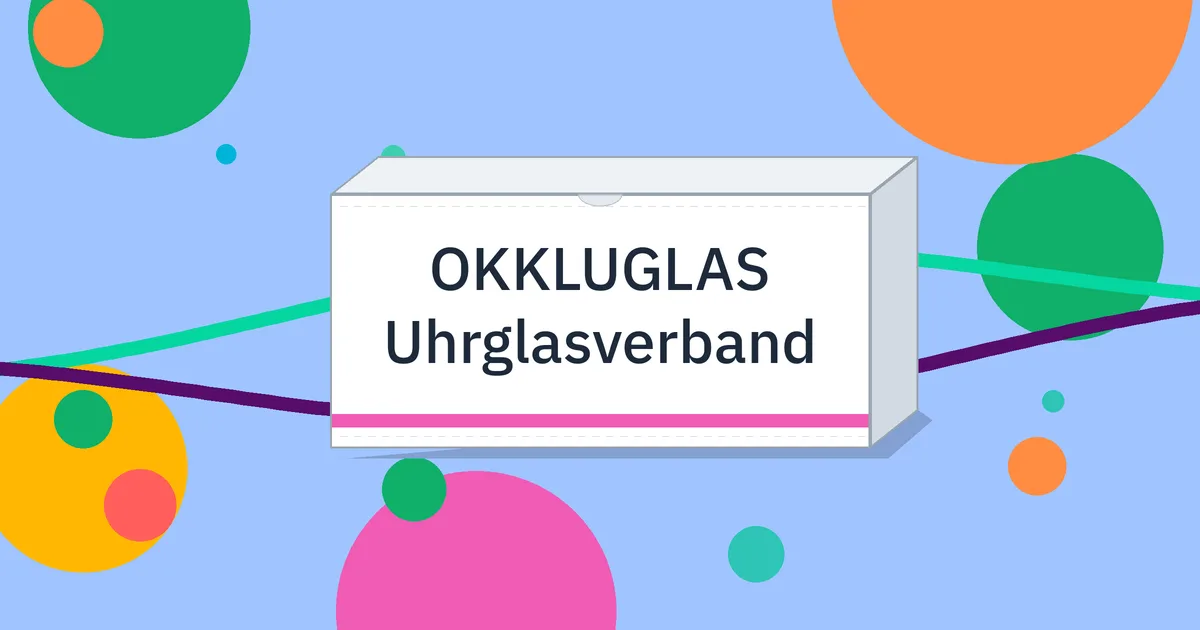 Symbolbild: Packung mit der Aufschrift OKKLUGLAS Uhrglasverband (PZN 02826193) – Verfügbarkeit und Bezug in Apotheken in Frankfurt am Main