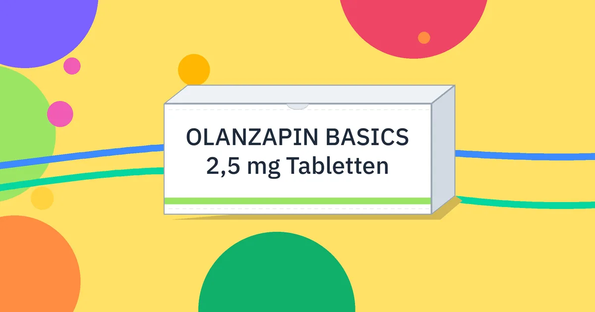 Symbolbild: Packung mit der Aufschrift OLANZAPIN BASICS 2,5 mg Tabletten (PZN 09060073) – Verfügbarkeit und Bezug in Apotheken in Frankfurt am Main